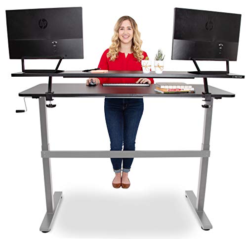 Stand Steady Tranzendesk 55 in Standing Desk with Clamp On Shelf | Easy Crank Height Adjustable Stand Up Workstation w/Attachable Monitor Riser | Holds 3 Monitors & Adds Desk Space (55/Silver Base)