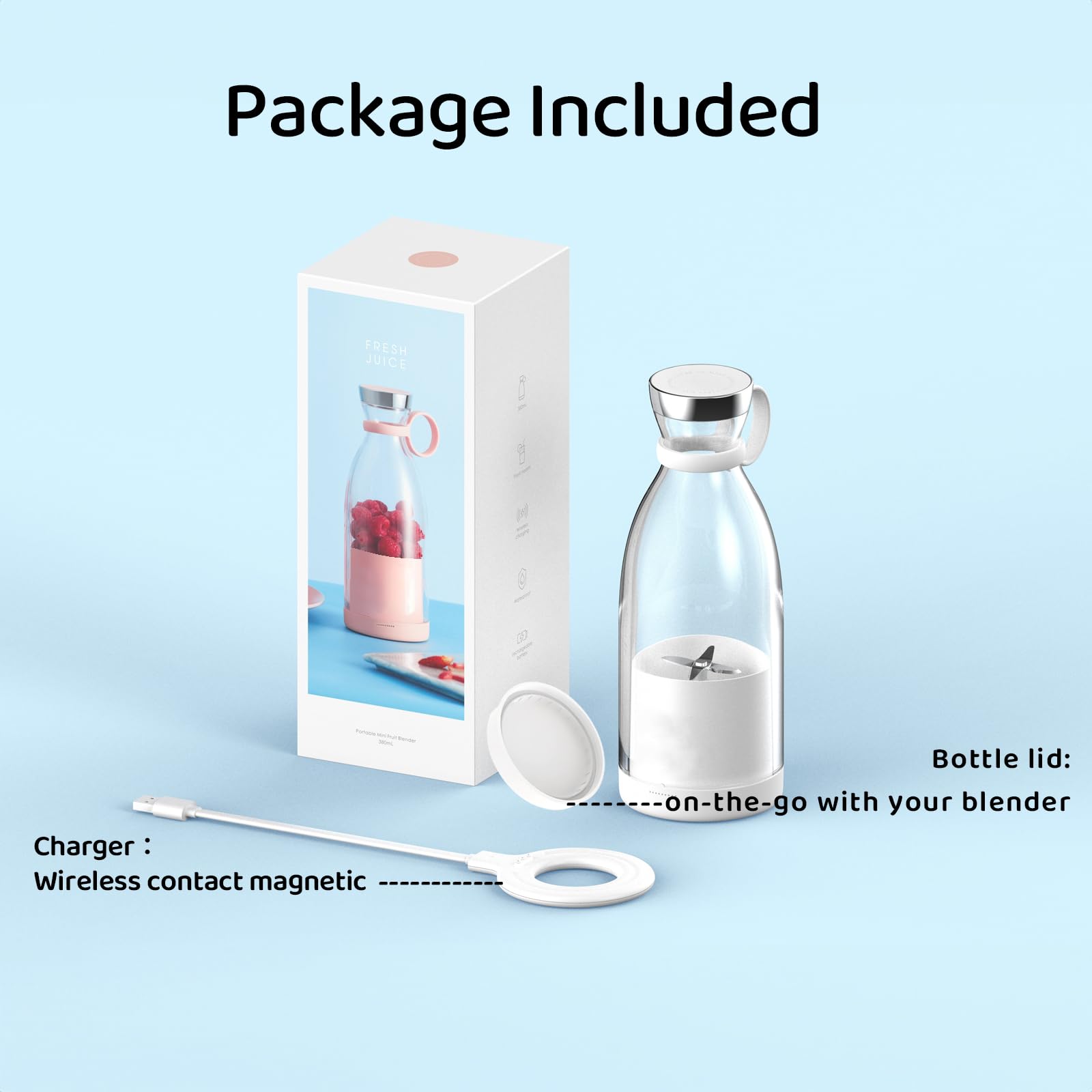 Asa Vea Mini Blender for Smoothies and Milkshakes, Portable Blender, Rechargeable, Personal Size Blender with Quota Outer Travel Lid with 4 Blades, 11 oz for Outdoors, Camping (White)