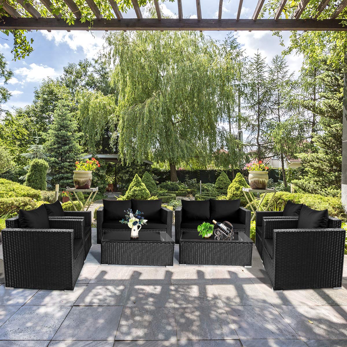 DORTALA 4PCS Patio Rattan Furniture Set, Sofa Set w/Conversation Set w/Seat & Back Cushions, Outdoor Sectional Chair Set for Poolside, Black