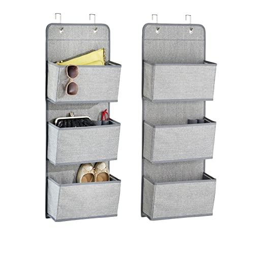 mDesign Fabric Hanging Organizers for Over the Door Storage In Bedroom/Hallway Closets, 3 Pocket Organizer Caddy, Hooks for Linens, Clothing, Accessories, Lido Collection, Textured Print, 2 Pack, Gray
