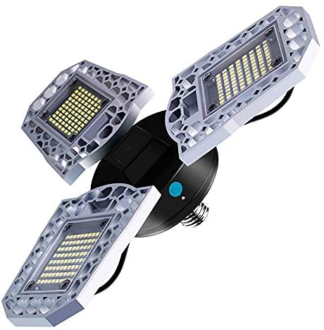 80W Deformable LED Ceiling Garage Lamp, Waterproof and Anti-Leakage Garage Lights with Automatic Light Control Sensor, with 3 Adjustable Panels, E27/E26 9600LM 6000K Daylight for Warehouse Barn (80)