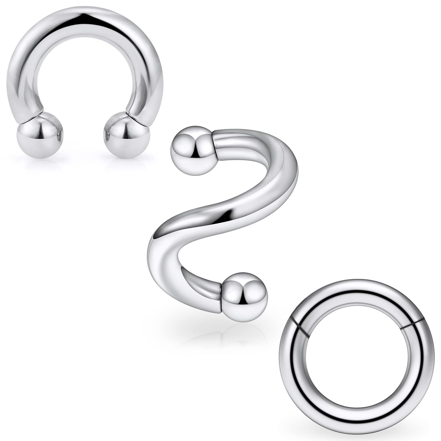 6G Earrings Internally Threaded Circular Barbells Horseshoe PA Rings Hinged Segment Clicker Dangle Spring Action CBR Surgical Steel Monster Screwball Rings Body Piercing Rings for Women Men Silver