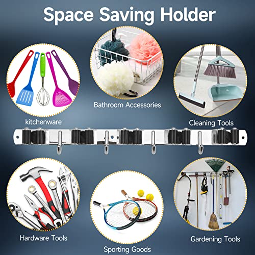 Kozci Mop and Broom Holder Wall Mount, Non-Slip Broom Organizer Wall Mount Self Adhesive Broom Hanger with 5 Racks 4 Hooks Stainless Steel Tools Rack Broom Storage Organizer for Kitchen Garden Garage