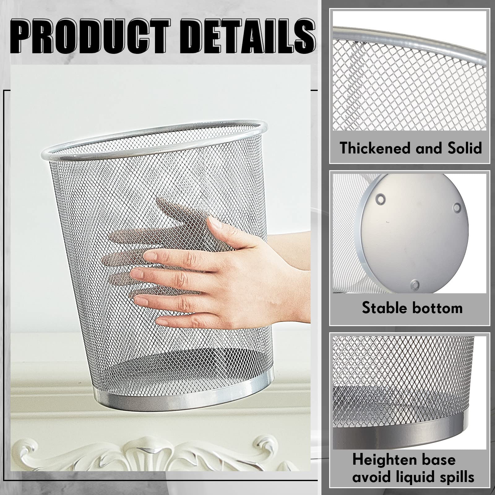 Zeyune 6 Pack Silver Office Trash Can Mesh Trash Can 4 Gallon Metal Wire Mesh Waste Paper Basket Round Trash Bin Small Garbage Can for Office Bathroom Home Bedroom Kitchen Dorm