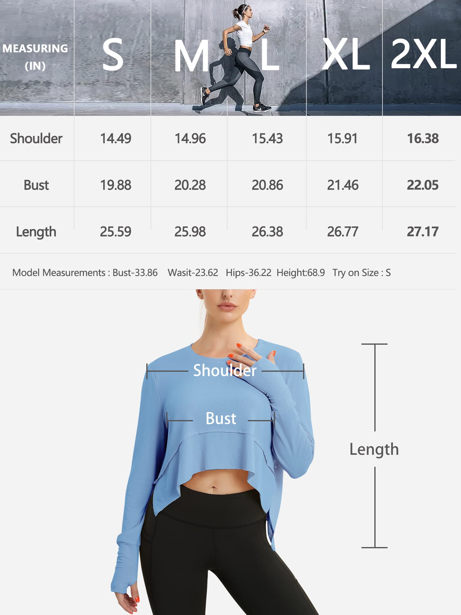 Abrooical Women Long Sleeve Crop Tops Workout Lightweight Shirts Loose Cropped Sweatshirts with Thumb Holes Light Blue XX-Large