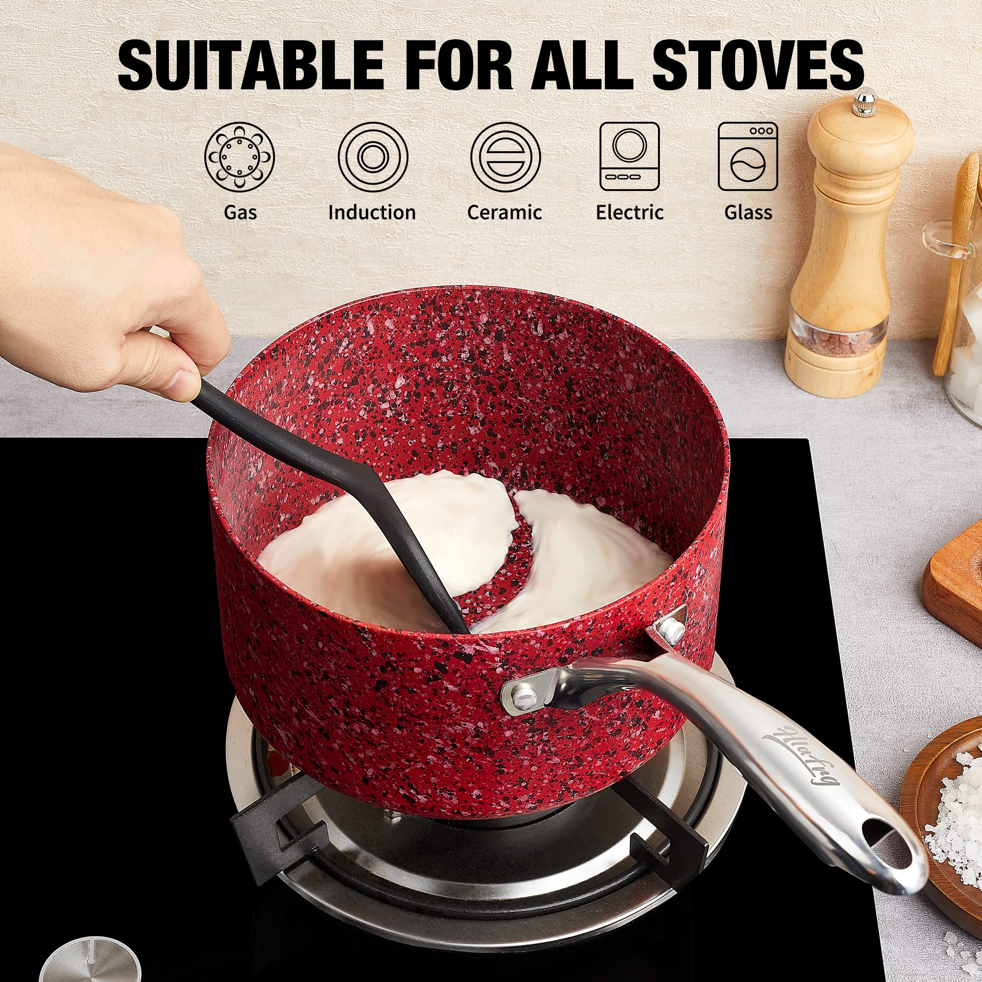 HLAFRG Nonstick Premium 3-Piece Saucepan Set with Glass Lids, Natural Durable Granite Coating, Nonstick, Durable & Oven Safe to 450°F, 1&2&3QT, Red