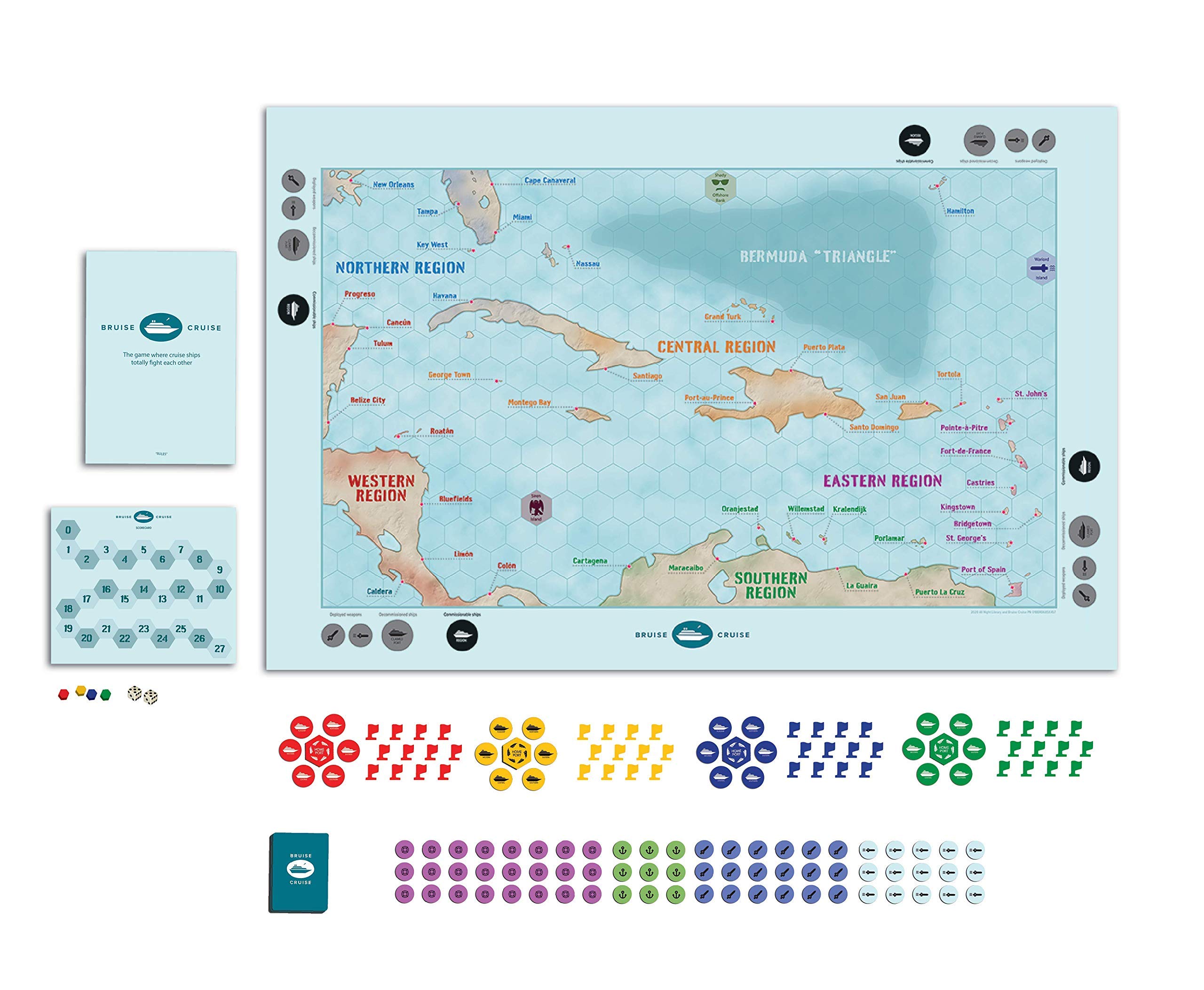 Bruise Cruise: The Board Game. 2-4 Players, a Humorous Strategy Game of Caribbean Cruising and Naval Warfare Set in The Year 2042.