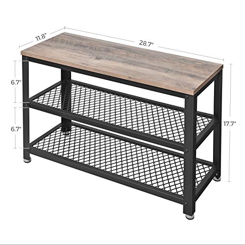 VASAGLE Shoe Bench, 3-Tier Shoe Rack, 11.8 x 28.7 x 17.7 Inches Shoe Shelf Storage Bench with Metal Mesh Shelves and Seat, Free Standing Shoe Organizer for Entryway, Greige and Black