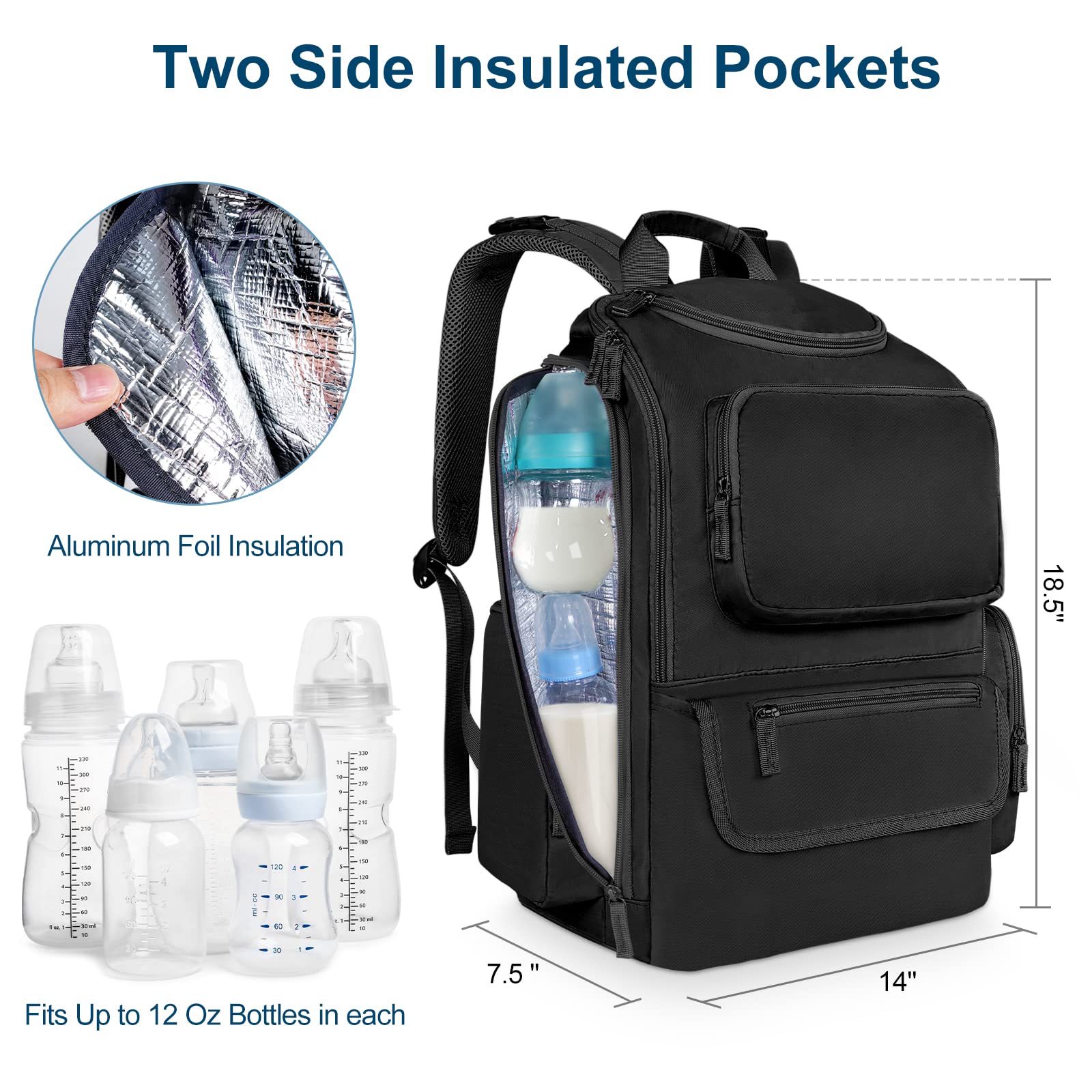 Mancro Diaper Bag Backpack, Multifunctional Dad Diaper Bag with 2 Side Insulated Pockets, Travel Water Resistant Baby Diaper Backpack for Men Women with Stroller Straps, Black