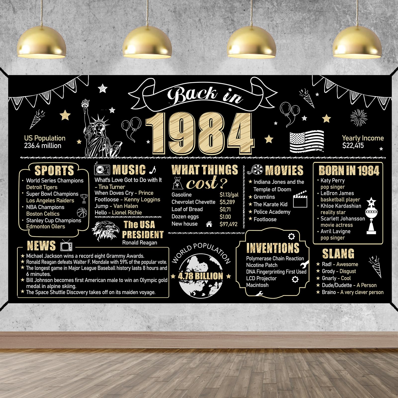 Eiurteao Large 40th Birthday Decorations Back in 1984 Banner Backdrop for Men Women, Happy 40 Birthday Sign Poster Party Supplies, Black Gold Forty Bday Photo Background Decor for Outdoor Indoor