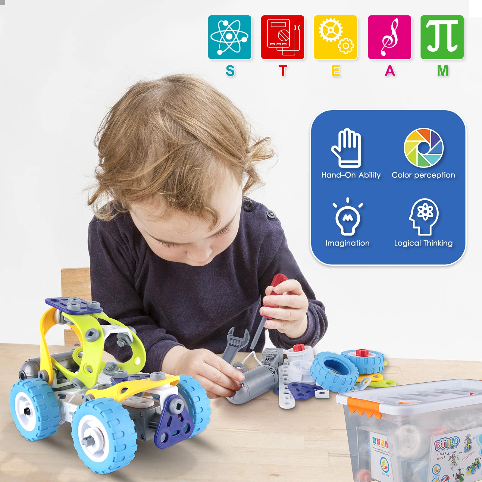 BRUVISH 10 in 1 Building Toy Set, STEAM Building Blocks with Electric Powered Motor for Children Boys Girls, Construction Toys with Tools for Kids Age 5 6 7 8 9 10 11 12, Engineering Building Bricks
