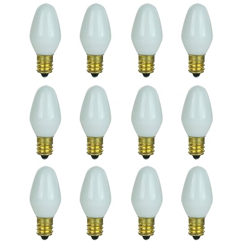 Sunlite 01059 7C7 Incandescent Bulb, 7 Watt, Candelabra E12 Base, C7 Small Night Light, Colored Bulb, White, 12 Count