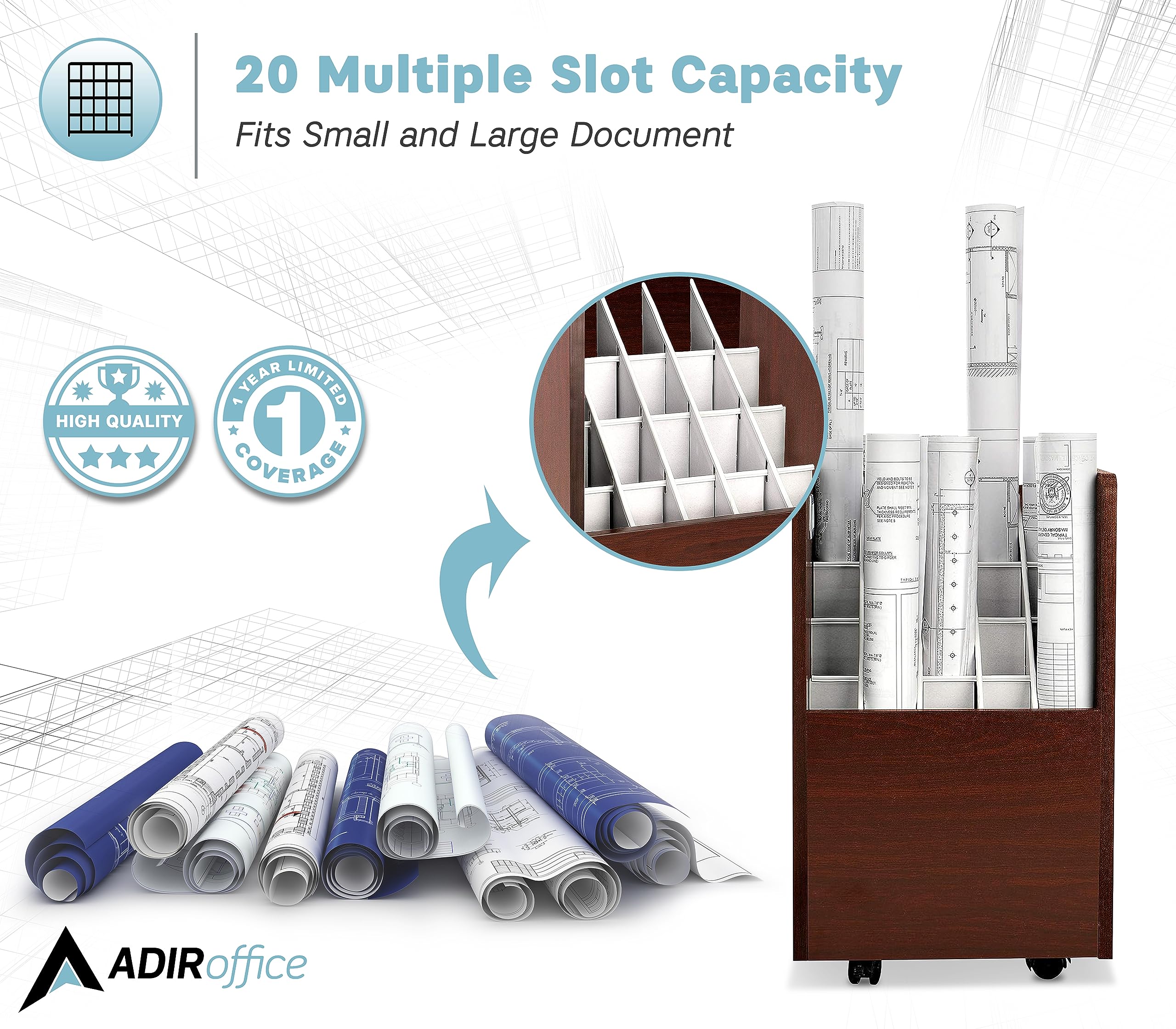 Adir Mobile Blueprint Roll File Holder - Mobile Roll File Organizer Cart for Home Office or School. 20 Slots Blueprint File Holder with Wheels for Maps, Plans, Posters