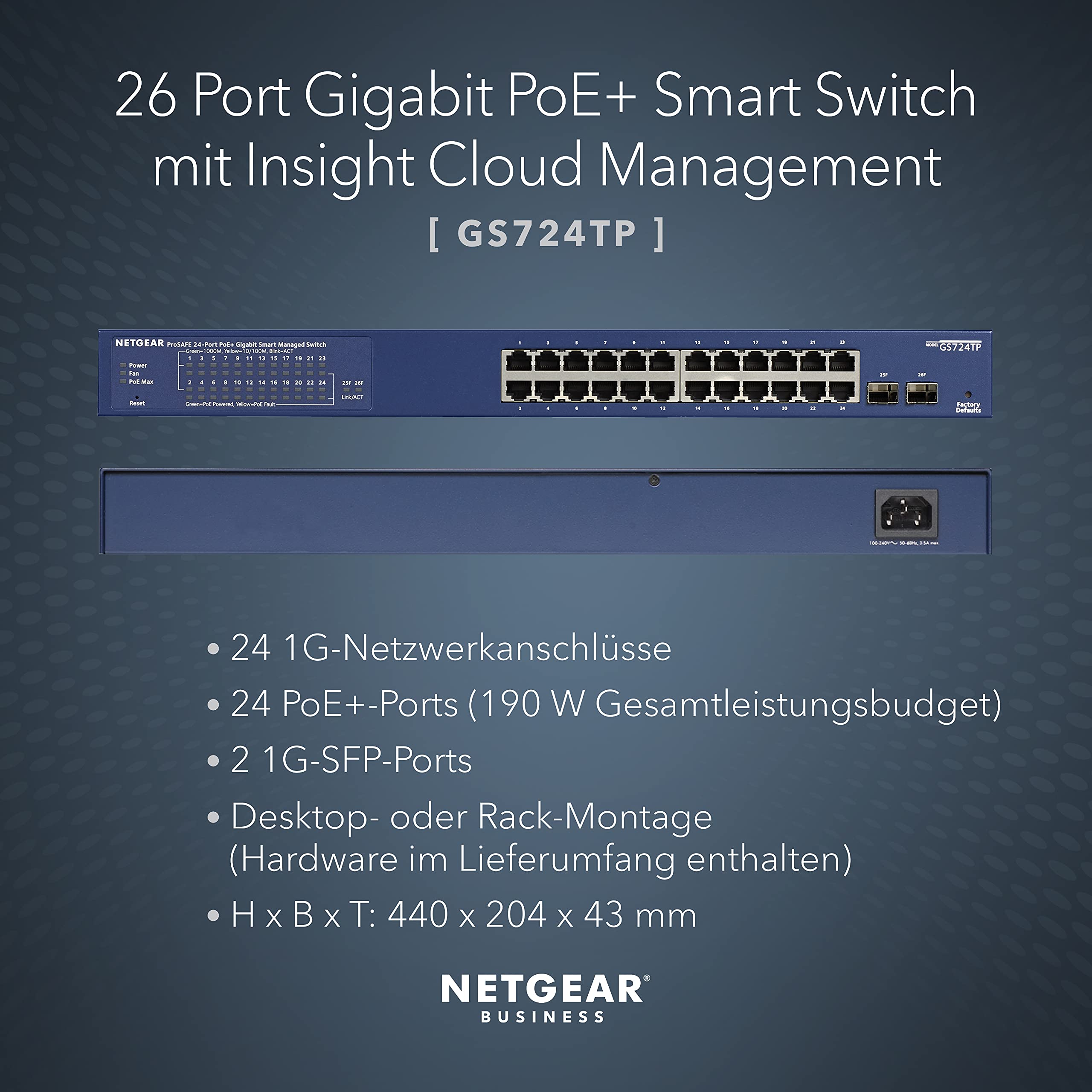 NETGEAR 24-Port Gigabit Ethernet Smart Managed Pro PoE Network Switch (GS724TP) - Hub with 24 x PoE+ @ 190W, 2 x 1G SFP, Desktop/Rackmount, and ProSAFE Protection, Black, Grey