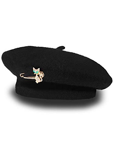6 Pieces Wool Beret Hat Solid Color French Beanie Hat with Silky Scarf Brooch (Black and Beige)
