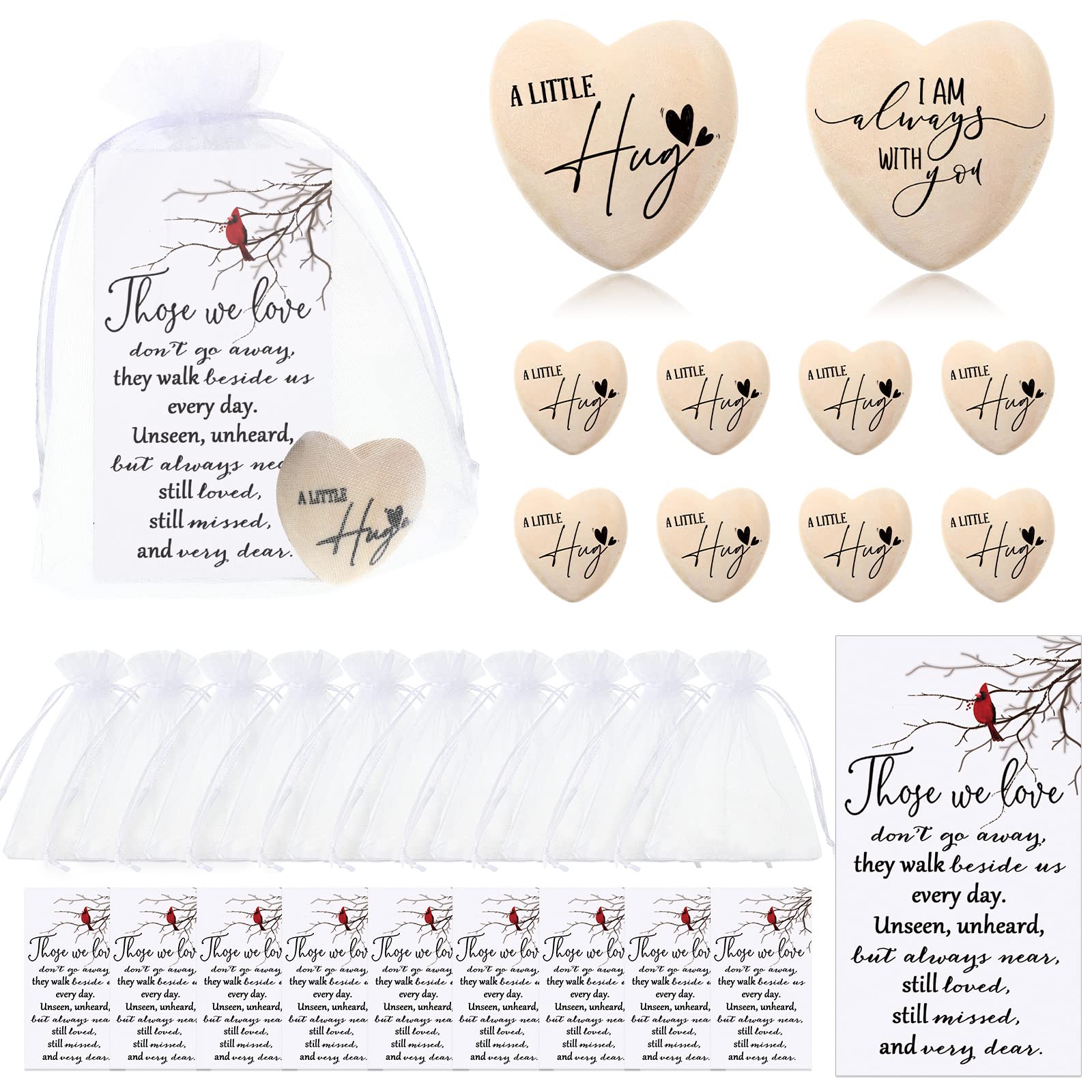 Fumete 50 Sets Funeral Gift Favors for Guests, Wooden Heart Token with Sheer Organza Bags and Red Cardinal Greeting Cards for Church Favors Christmas Family Funeral Pocket Hug Gifts