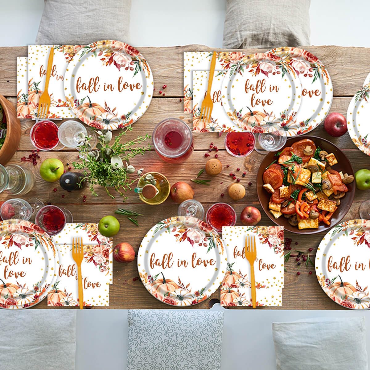 96Pcs Fall Bridal Shower Decorations Tableware Set, fall bridal shower Fall In Love Party Decorations Include Plates Napkins Forks Autumn Floral Bridal Shower Party Supplies Decorations