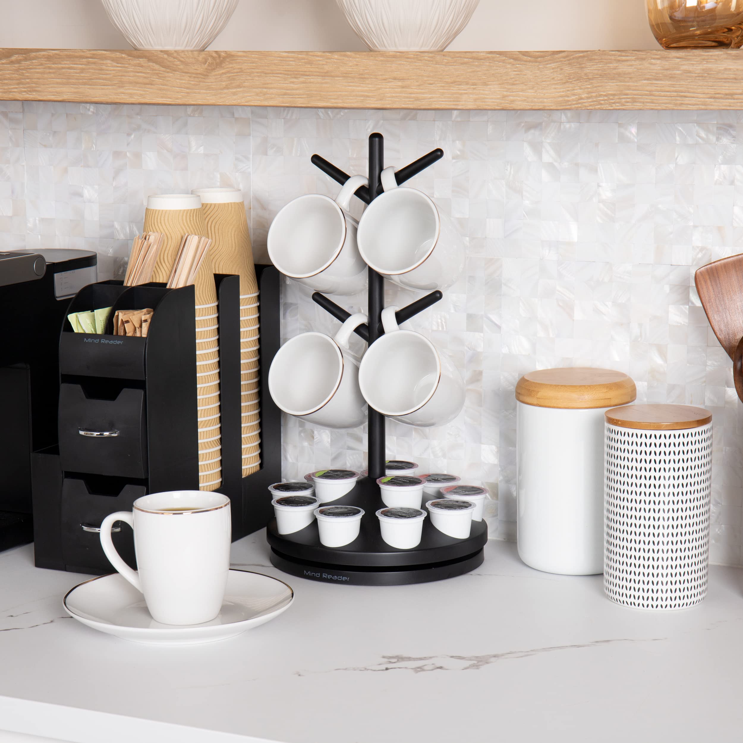 Mind Reader Single Serve Coffee Pod Organizer & Mug Tree, 12 pod and 4 Mug Capacity, Countertop, 9" L x 9" W x 17.75" H, Black