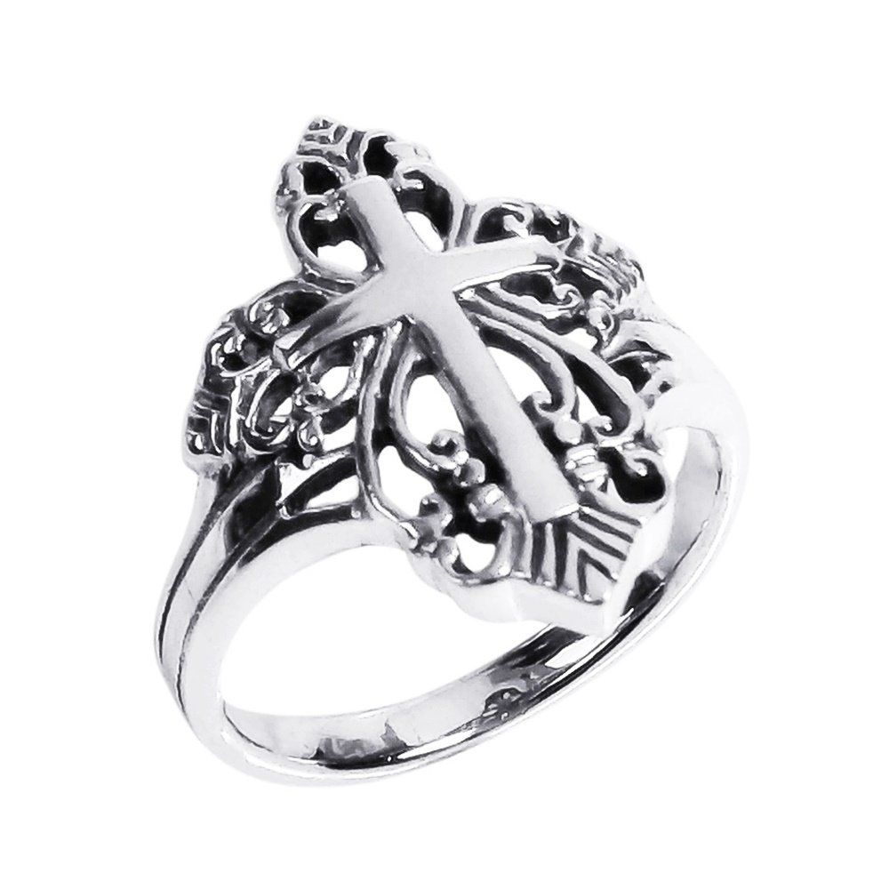 AeraVida Captivating Filigree Cross .925 Sterling Silver Ring | Casual Comfort Fit Silver Rings for Women | Religious | Sterling Silver Rings Sizes (8)