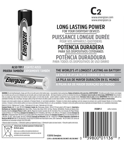 Energizer Max C Batteries, Premium Alkaline C Cell Batteries (2 Battery Count)