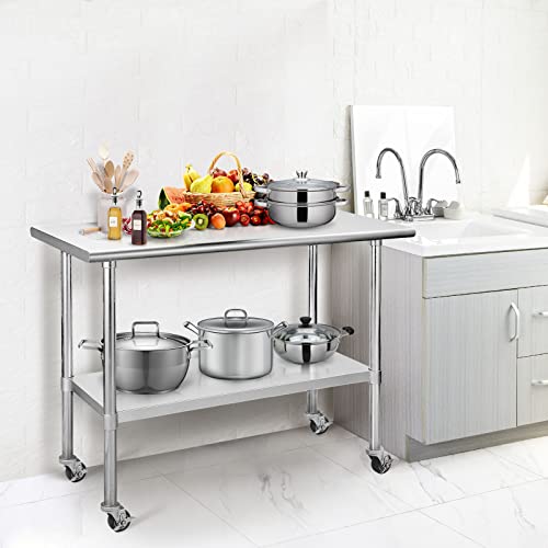 HOCCOT Stainless Steel Prep & Work Table with Adjustable Shelf, with Wheels, Kitchen Island, Commercial Workstations, Utility Table in Kitchen Garage Laundry Room Outdoor BBQ, 24" X 48"