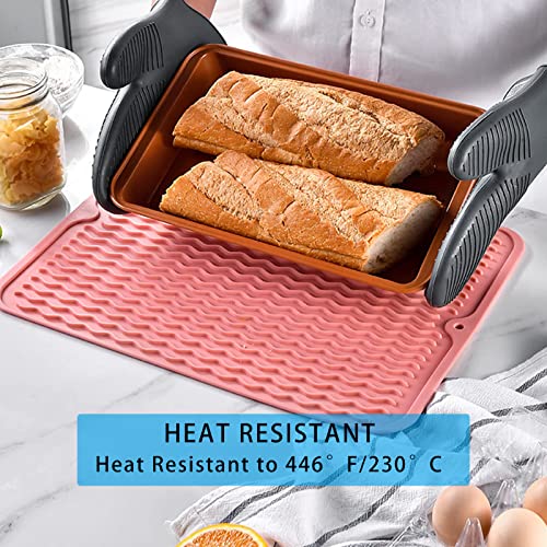 Dish Drying Mat, 2 Pack Silicone Drying Mat for Kitchen Counter, 16x12 Inches Dish Mat, Easy Clean Eco-friendly, Heat-resistant Mat (Pink+Green)