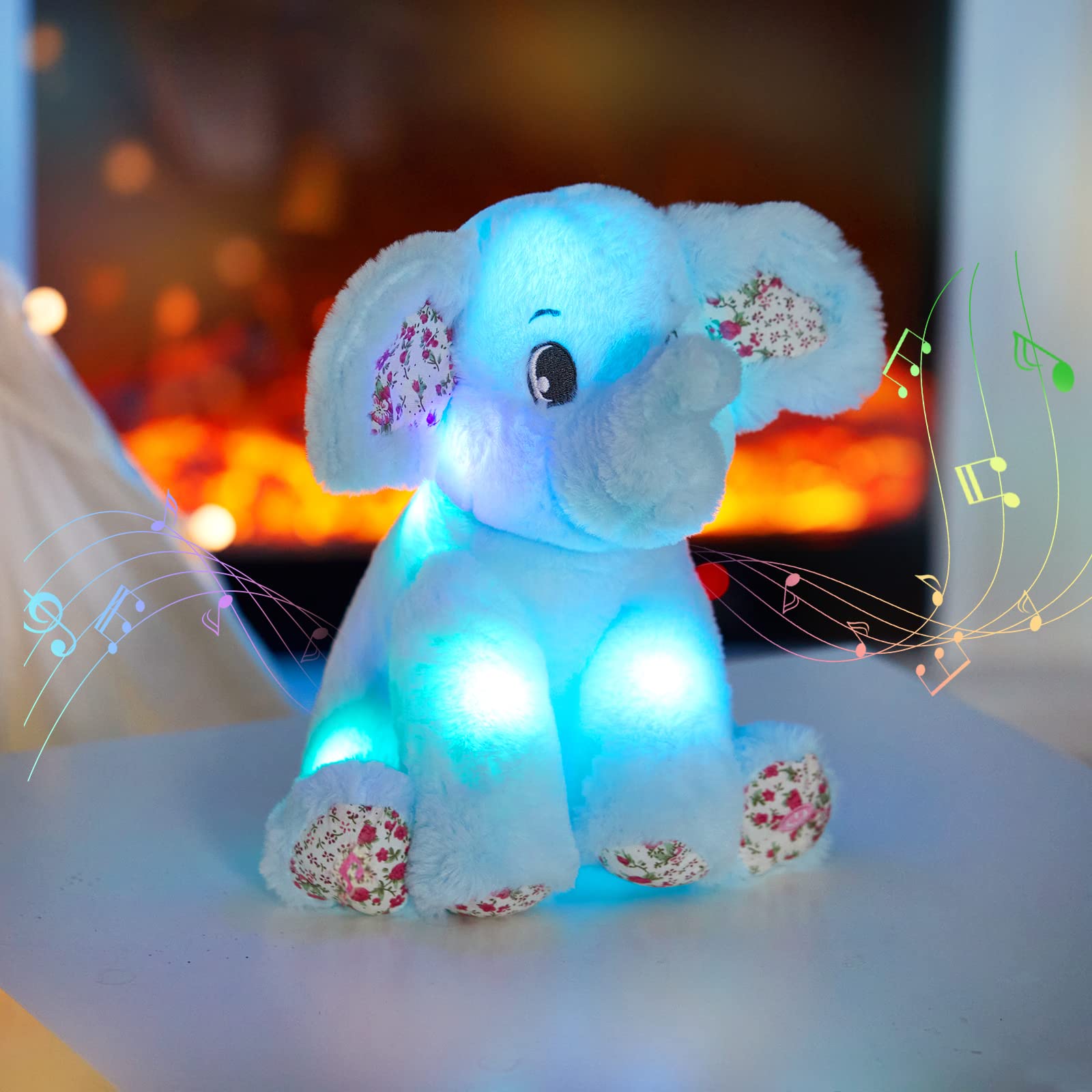 BSTAOFY 12ββ Musical Light Up Elephant Plush Toy Floppy LED Stuffed Animals Lullabies Nightlight Bedtime for Kids Birthday Valentines for Toddlers, Blue