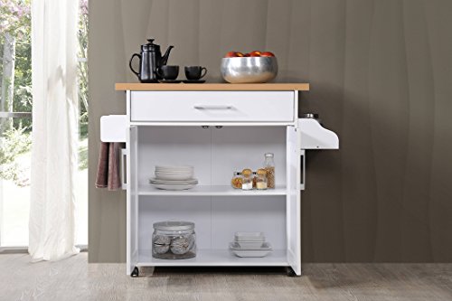 Hodedah Kitchen Island with Spice Rack, Towel Rack & Drawer, White with Beech Top, 15.5 x 35.5-44.9 x 35.2 inches