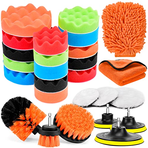 Aucurwen Buffing Polishing Pads, 26Pcs 3" 4" 5" Car Detailing Kit, Car Foam Drill Polishing Pad Kit, Drill Brush Attachment, Car Polisher and Buffer for Detailing, Body Repair, Drill