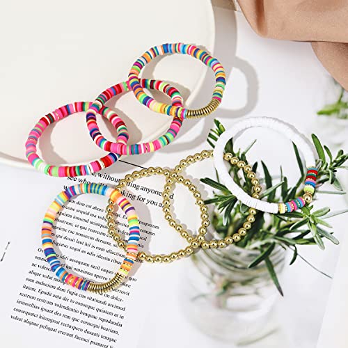 DIMISHIN Heishi Bracelet for Women Clay Bead Bracelet Stackable Beaded Stretch Bracelet Elastic Layered Colorful Beaded Bracelet Set (Colorful 7pc)