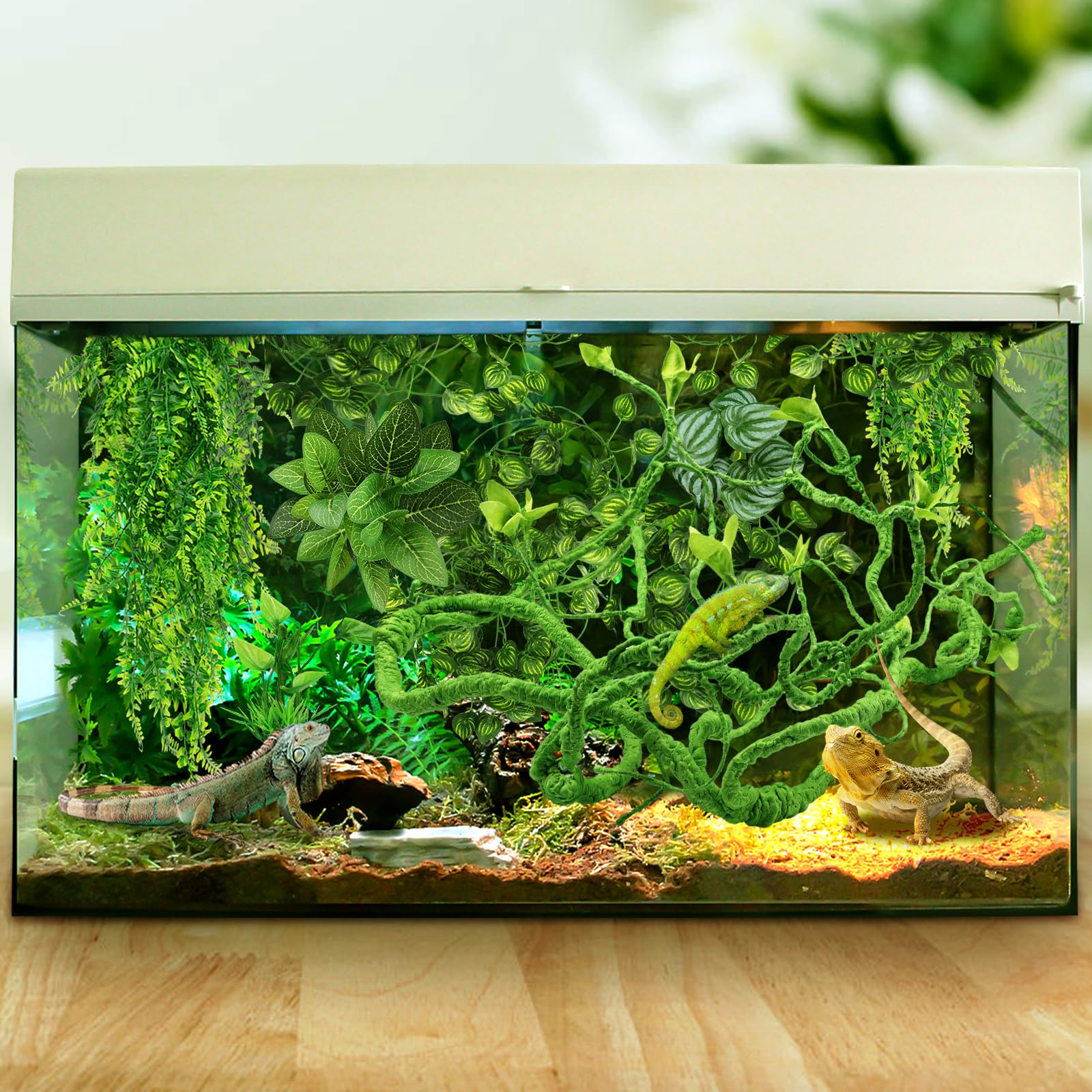 Bearded Dragon Tank Accessories for Habitat, QUOZUO Terrarium Hanging Plants Artificial Leaves Reptile Hide, Leopard Gecko Tank Accessories Snake Hide Terrarium Decor for Lizard Geckos Chameleon