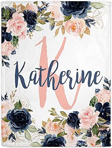 Navy and Blush Floral Personalized Baby Blanket with Name-Custom Baby Blankets for Girls- Personalized Baby Girl Shower Gifts - Personalized Baby Blankets for Girls with Name Blush