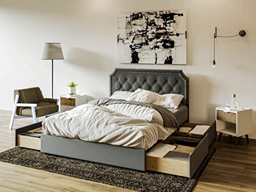 DG Casa Ardon Upholstered Platform Bed Frame with Storage Diamond Button Tufted Nailhead Trim Adjustable Height Headboard Full Wooden Slats - Queen Size Bed in Grey Fabric