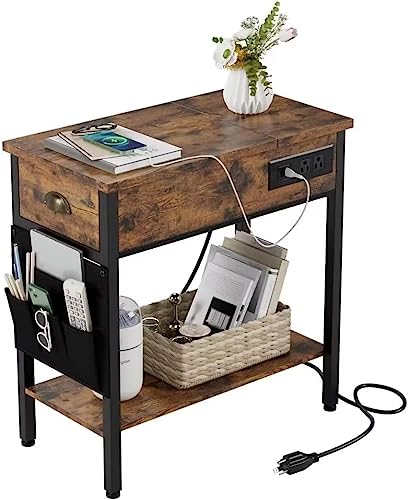 End Table with Charging Station, Side Table with USB Ports and Outlets, Narrow End Table Bedside Table with Drawer and Storage Shelf for Living Room, Bedroom, Vintage Color