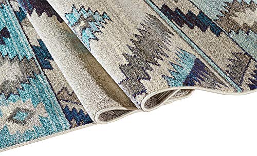 Handcraft Rugs-Southwestern Native American Modern / Faded Area Rug - Bone Gray / Navy Blue / Ivory / Aqua