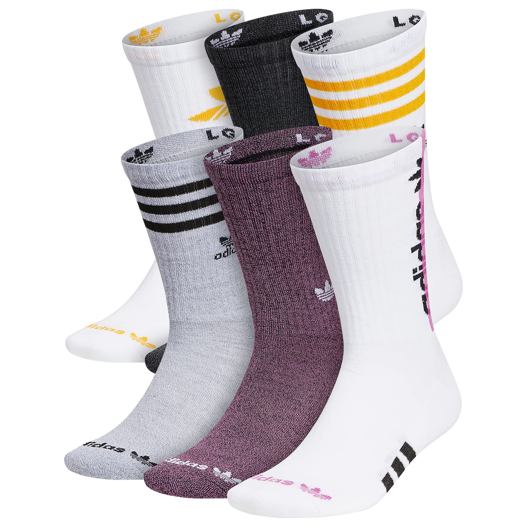 adidas Originals Remix Cushioned Crew Socks (6-Pair), White/Semi Pulse Lilac Purple/Collegiate Gold, Large