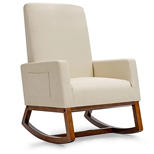 Giantx Upholstered Rocking Chair, Modern Fabric Armchair w/Wood Base, Side Pocket, Linen Padded Seat, High Back Accent Glider Rocker Chair, Mid-Century Leisure Chair for Nursery, Living Room (Beige)