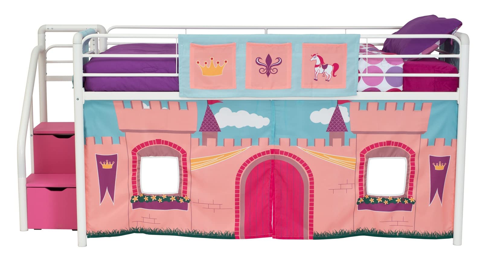 DHP Princess Castle Design Curtain Set for Junior Loft Bed, Kids Furniture, Pink