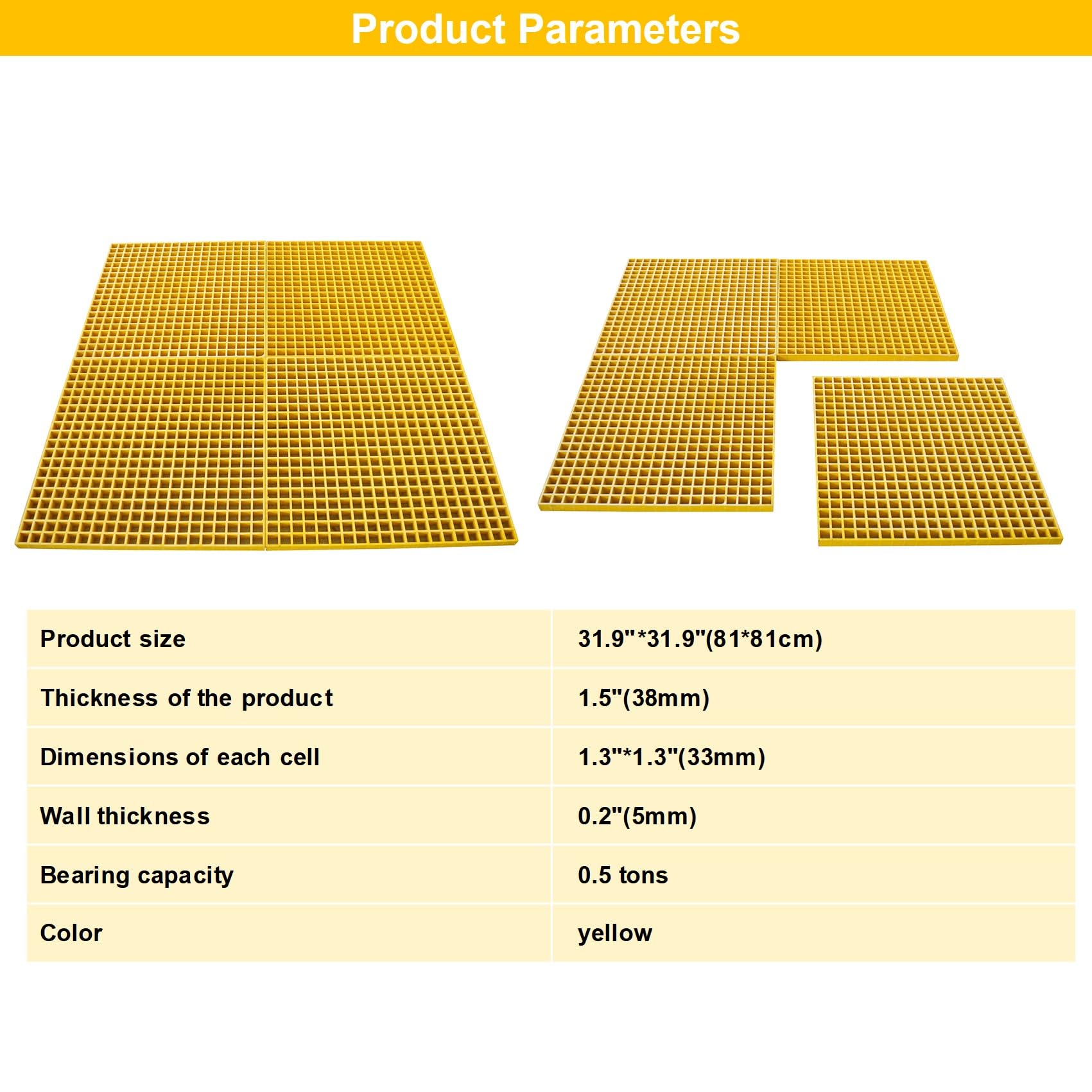 Banfluxion 31.9"x31.9" Fiberglass Floor Grating Car Wash FRP Grating 0.5 tons Bearing Capacity Yellow