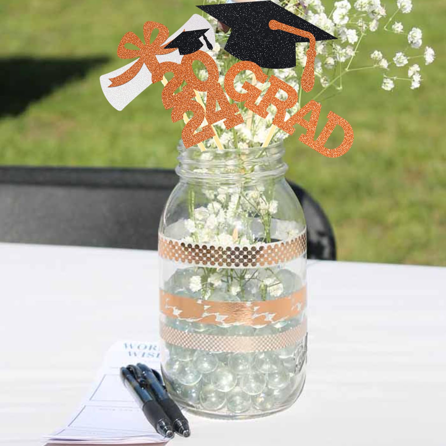 Orange Glitter Graduation Centerpiece Class of Table Signs Grad Sticks Diploma Cap Party Decoration Favors 16 Pieces