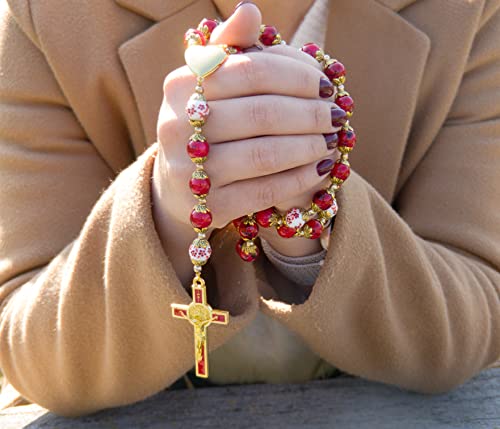 Nazareth Store Saint Benedict Red Rosary Beads Catholic Necklace Flowers Mystery Bead Miraculous Medal Locket Cross Prayer Rosarios Catolicos