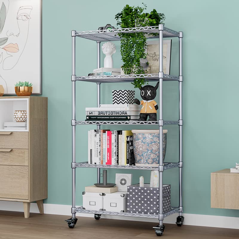 SUOERNUO 5-Shelf Shelving Storage Unit on Wheel Casters Metal Organizer Wire Rack for Home Office Kitchen Bathroom Organization 30Lx14Wx62.5H (5-Shelf Silver)