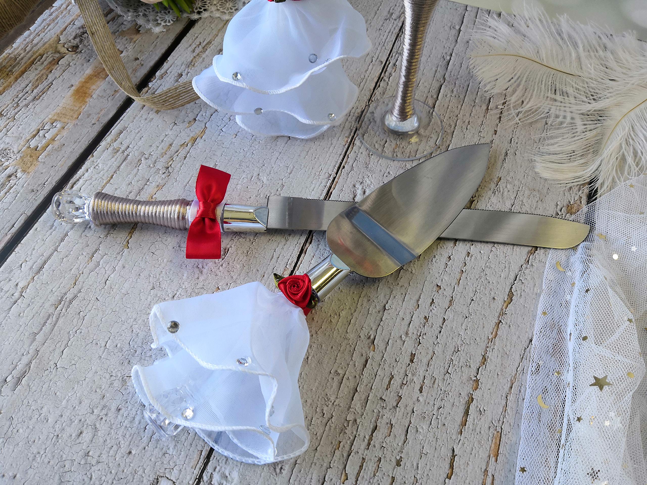 Abbie Home Wedding Anniversary Cake Knife and Server Set in Grey and White- Silk Bow Tie and Red Rose Rhinestone Lace Decoration (Cake Knife&Server Set)