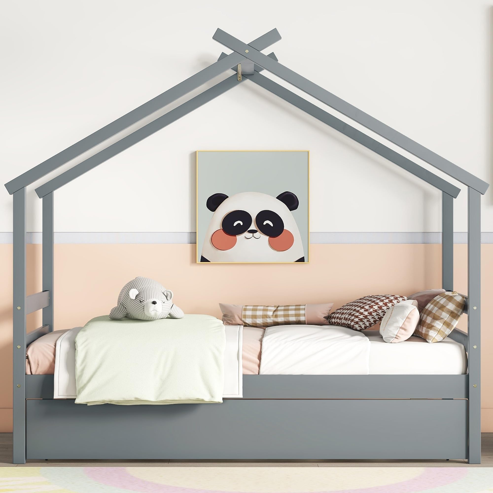 Twin Size House Bed for Kids, Adorable House Bed Frame with Trundle, Twin Playhouse Platform Bed for Boys,Girls(Twin,White)
