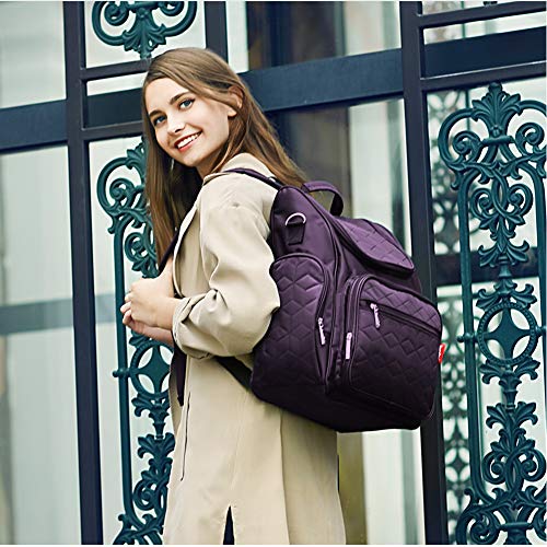 insular Diaper Bag Backpack, Multi-Function Travel Back Pack, Waterproof Changing Bag for Mom Girls, Large Capacity Baby Bag with Stroller Straps and Changing Pad, Purple
