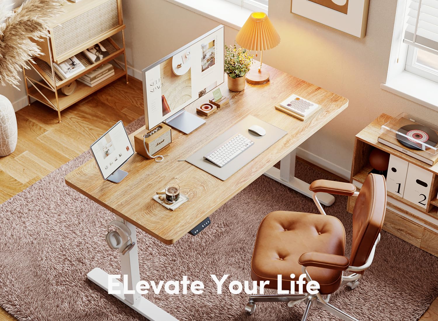 BANTI 55'' Standing Desk, Electric Stand up Height Adjustable Home Office Table, Sit Stand Desk with Splice Board, Maple