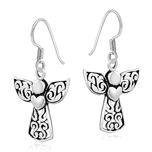 AeraVida Guardian Angel of Love Filigree Sterling Silver Dangle Earrings, 16x30mm