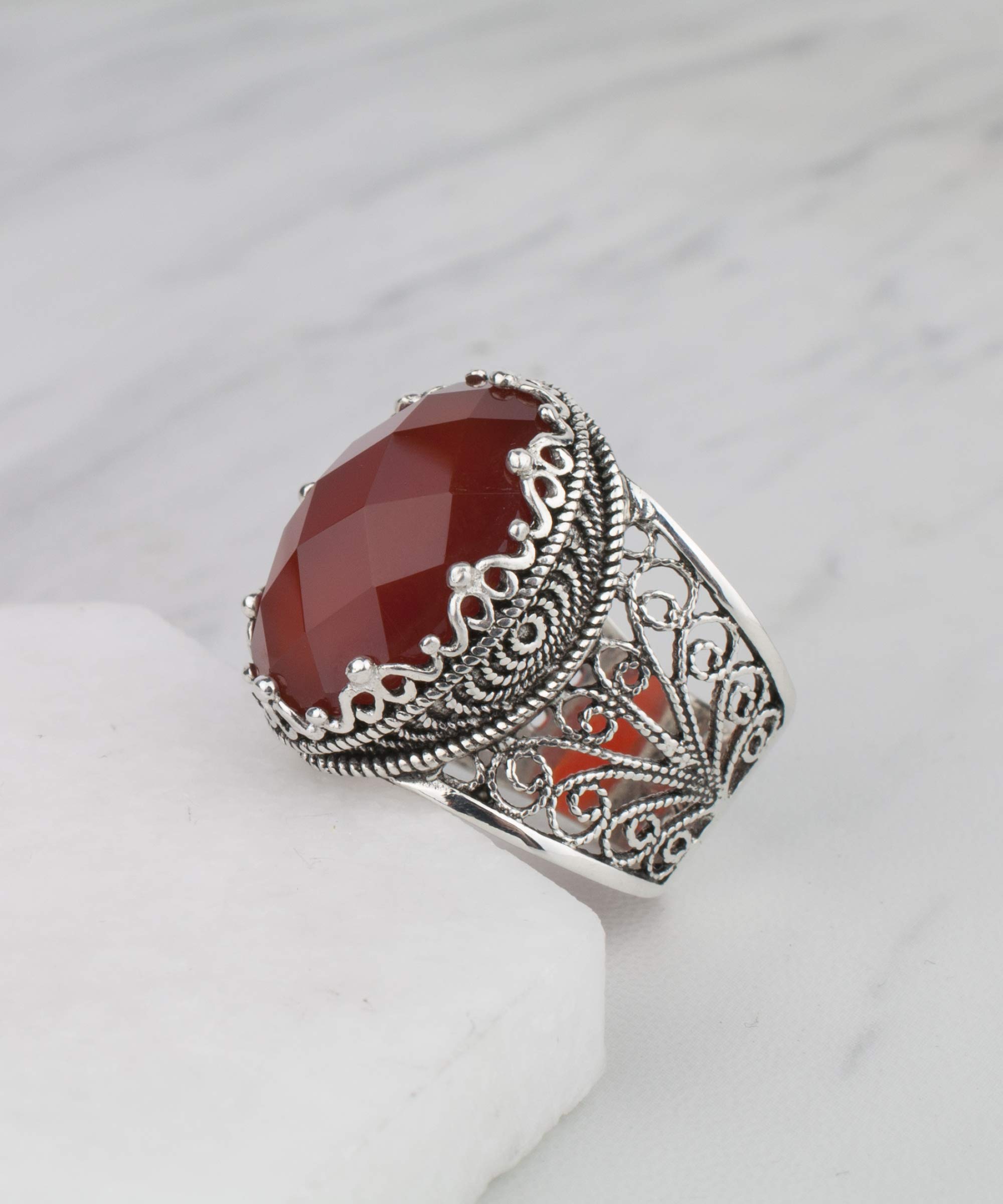 925 Sterling Silver Carnelian Oval Filigree Ring (Size 5-11) (8)