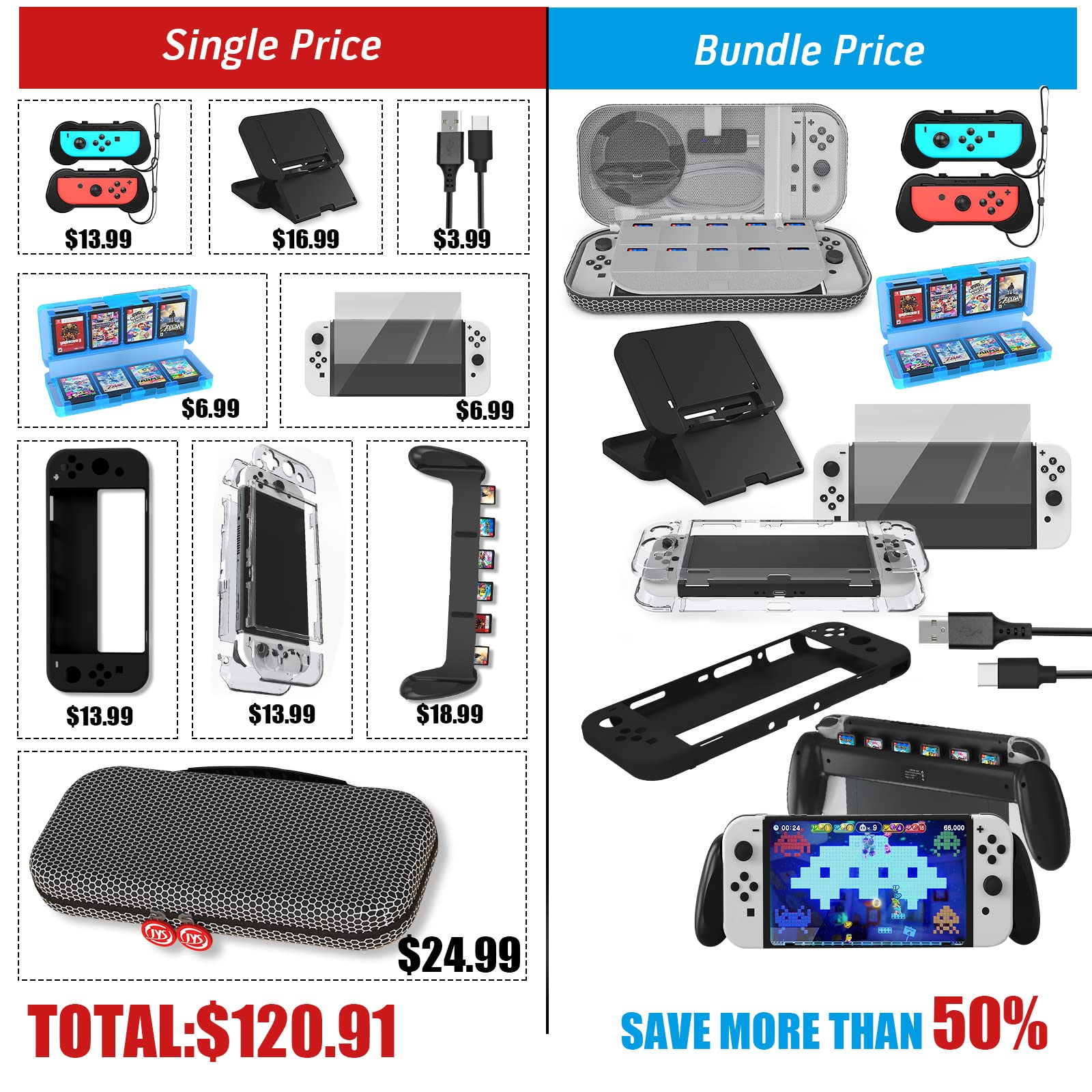 Accessories Bundle for Nintendo Switch OLED Model(2021), Super Kit with Carrying Case,Adjustable Console Playstand ,Handle Grips, Grips for Joycons,Clear Cover Protector and more(10 in 1)