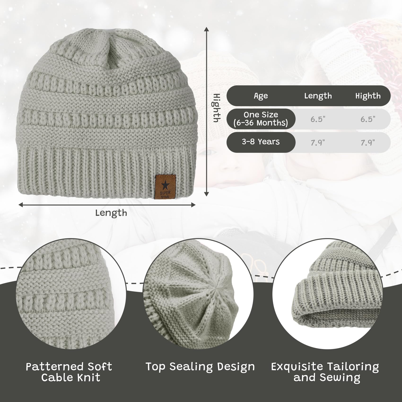 Durio Soft Warm Knitted Baby Hats Caps Cute Cozy Chunky Winter Infant Toddler Baby Beanies for Boys Girls 3 Pack Black & Light Grey & Navy